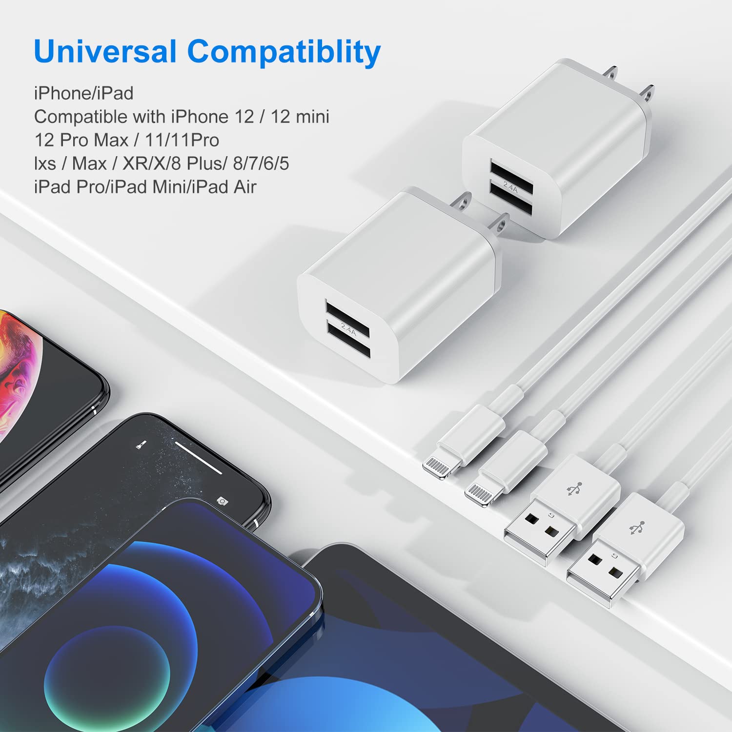 iPhone Charger and Wall Plug, [ Apple MFi Certified ] 2Pack 6ft Lightning Cable Cord with 2.4A Fast Dual Port USB Charging Adapter Block Box for Apple iPhone 12/11/XR/X/Xs Max/8/7/6/6s Plus/SE/5c/iPad