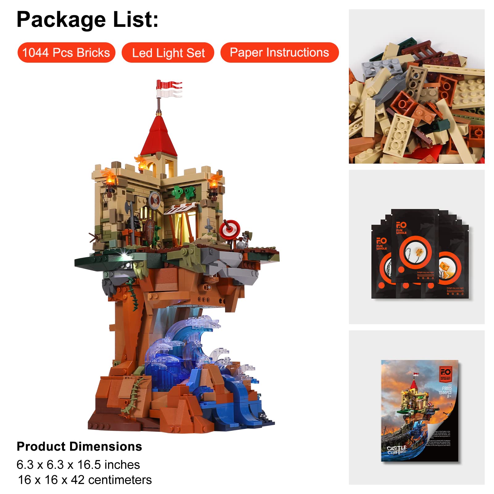 FUNWHOLE Lighting Building Bricks Set - Castle on The Cliff LED Light Construction Building Model Set 1044 Pcs for Adults and Teen
