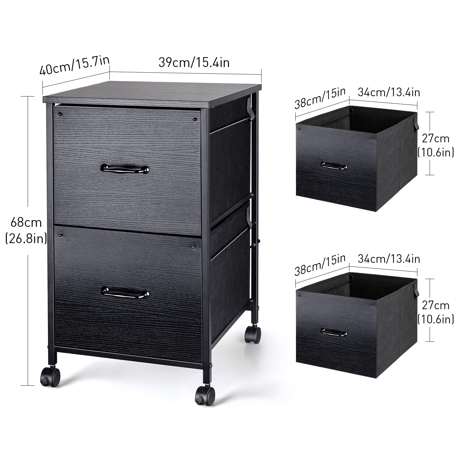 Finnhomy Mobile File Cabinet with 2 Drawers, Small Fabric Vertical Filing Cabinet with Wooden Board, Rolling Printer Stand fits A4 or Letter Size