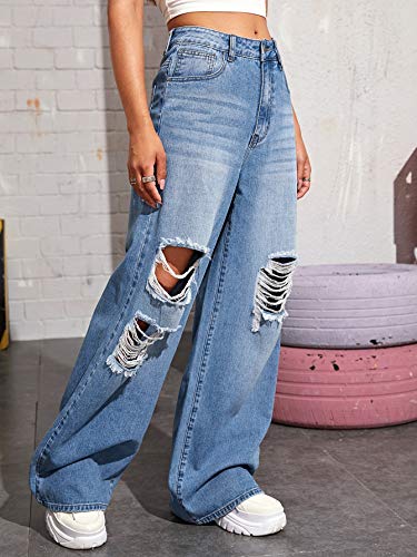 SweatyRocks Women's Casual High Waisted Wide Leg Ripped Denim Jeans with Pocket Blue L