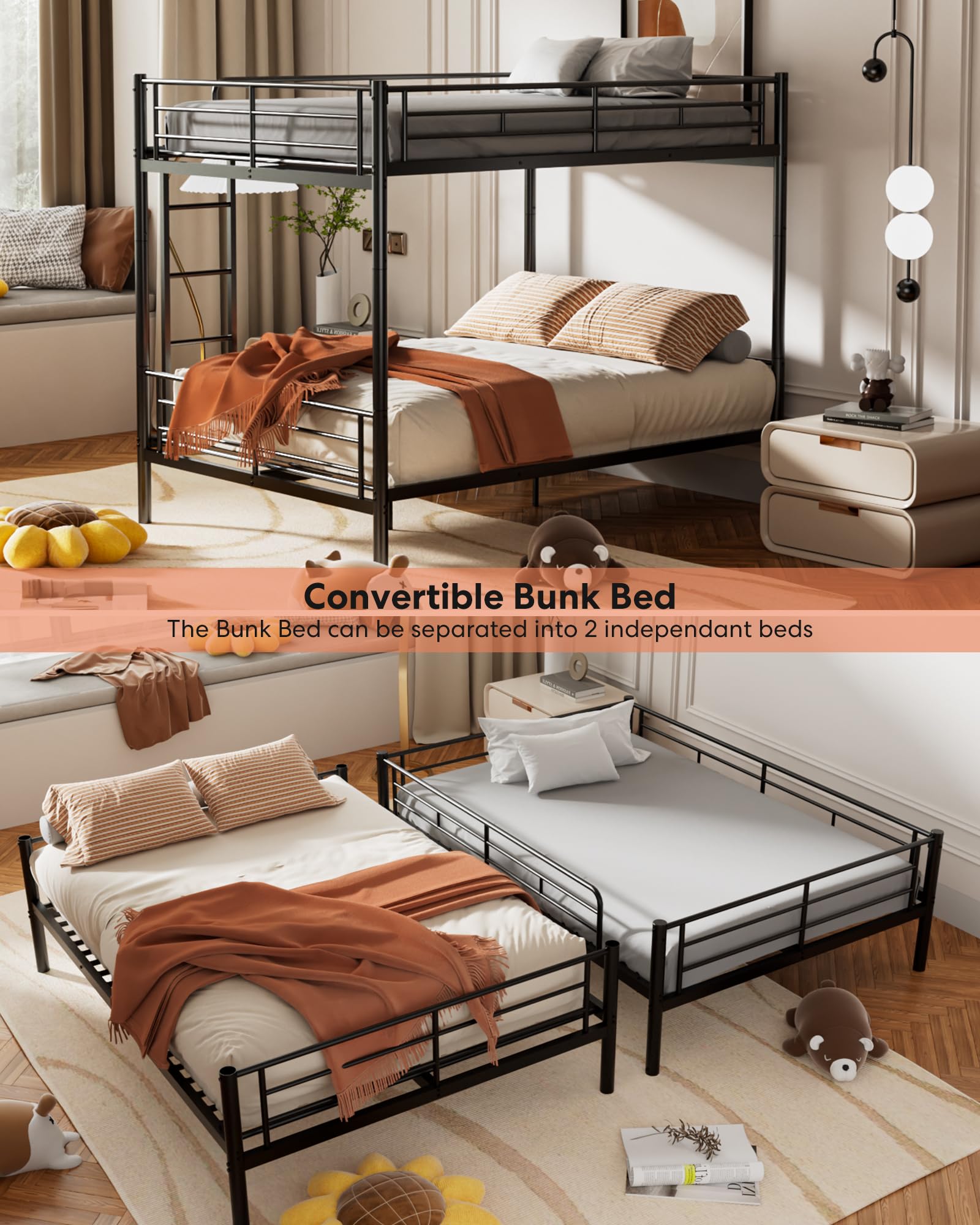 Miscoos Full Over Full Metal Bunk Bed for Kids, Convertible into 2 Separate Full Beds, Heavy Duty Bunk Bed Frame with High Guardrail and Built-in Ladder, No Box Spring Needed, Noise Free, Black