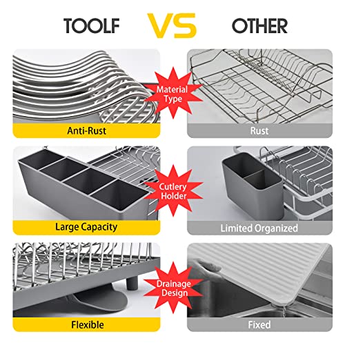 TOOLF Dish Rack, 304 Stainless Steel Dish Drying Rack for Kitchen Counter, Dish Drainer with Cutlery Holder for Large Capacity, Grey