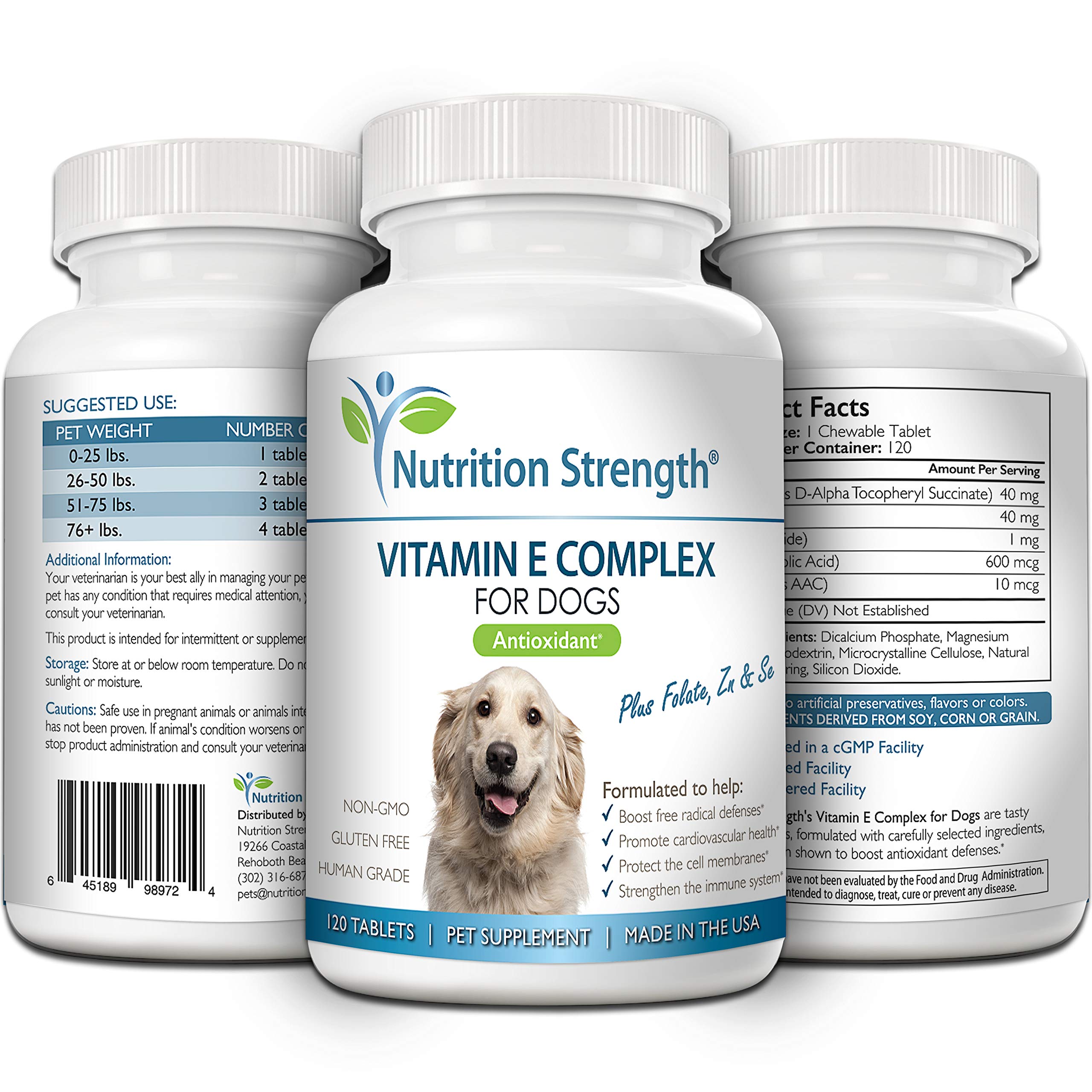 Nutrition Strength Vitamin E for Dogs, Promote Cardiovascular Health, Support Cell Membranes, Vitamin E Complex to Boost Dog Immune System Plus Zinc, Selenium, Folate, Salmon Oil, 120 Chewable Tablets