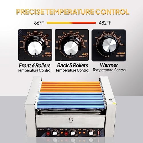 ROVSUN Hot Dog Roller Warmer 2000W, 11 Rollers 30 Hot Dog Roller Grill Cooker Machine w/Bun Warmer, Cover, Dual Temp Control, LED Light, Removable Shelf & Drip Tray for Party Home Commercial