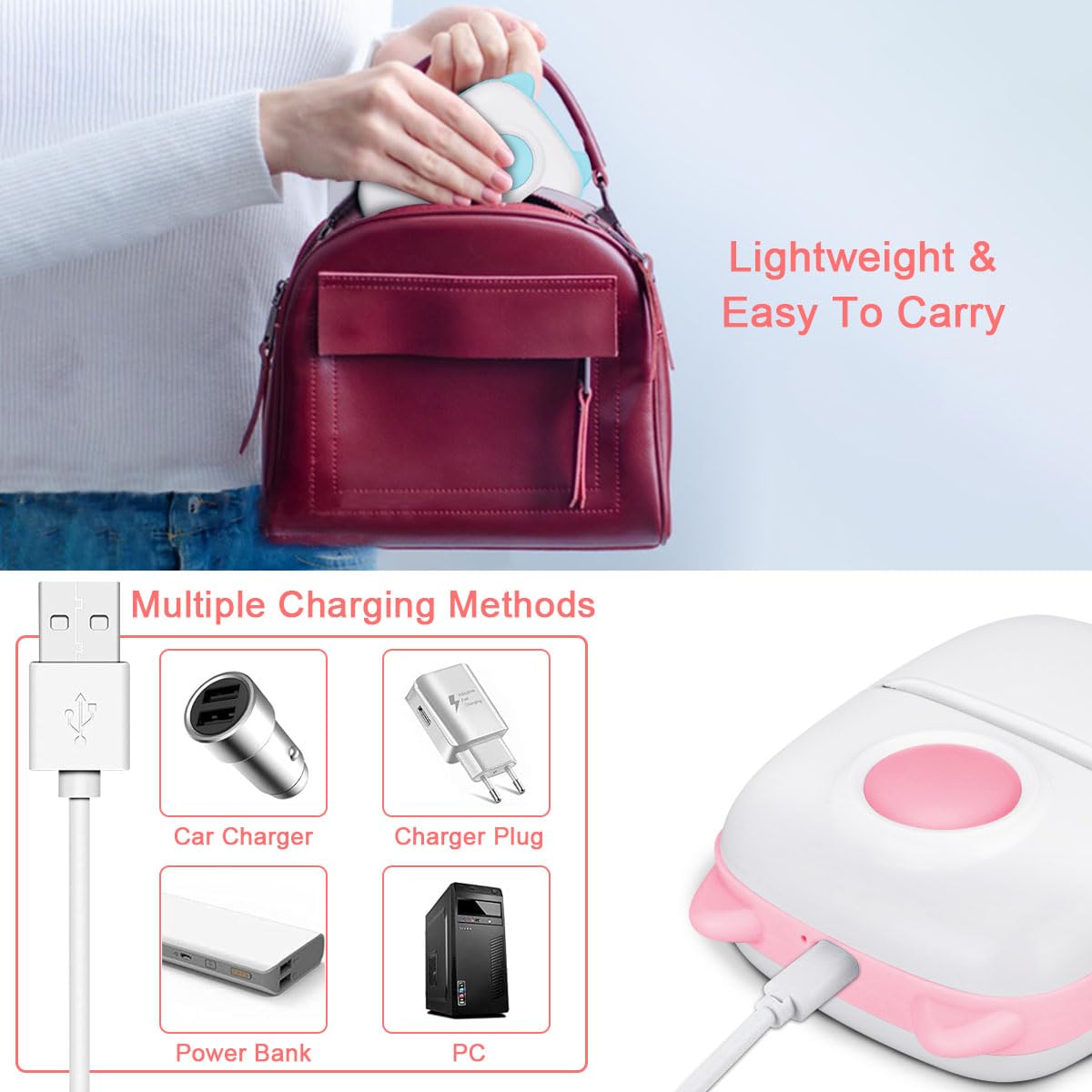 Mini Pocket Printer, Portable Thermal Printer with Printing Paper Compatible for Android iOS APP, Bluetooth Wireless Inkless Sticker Printer Gift for Kids,Handheld Printer for Home Office Study,Pink