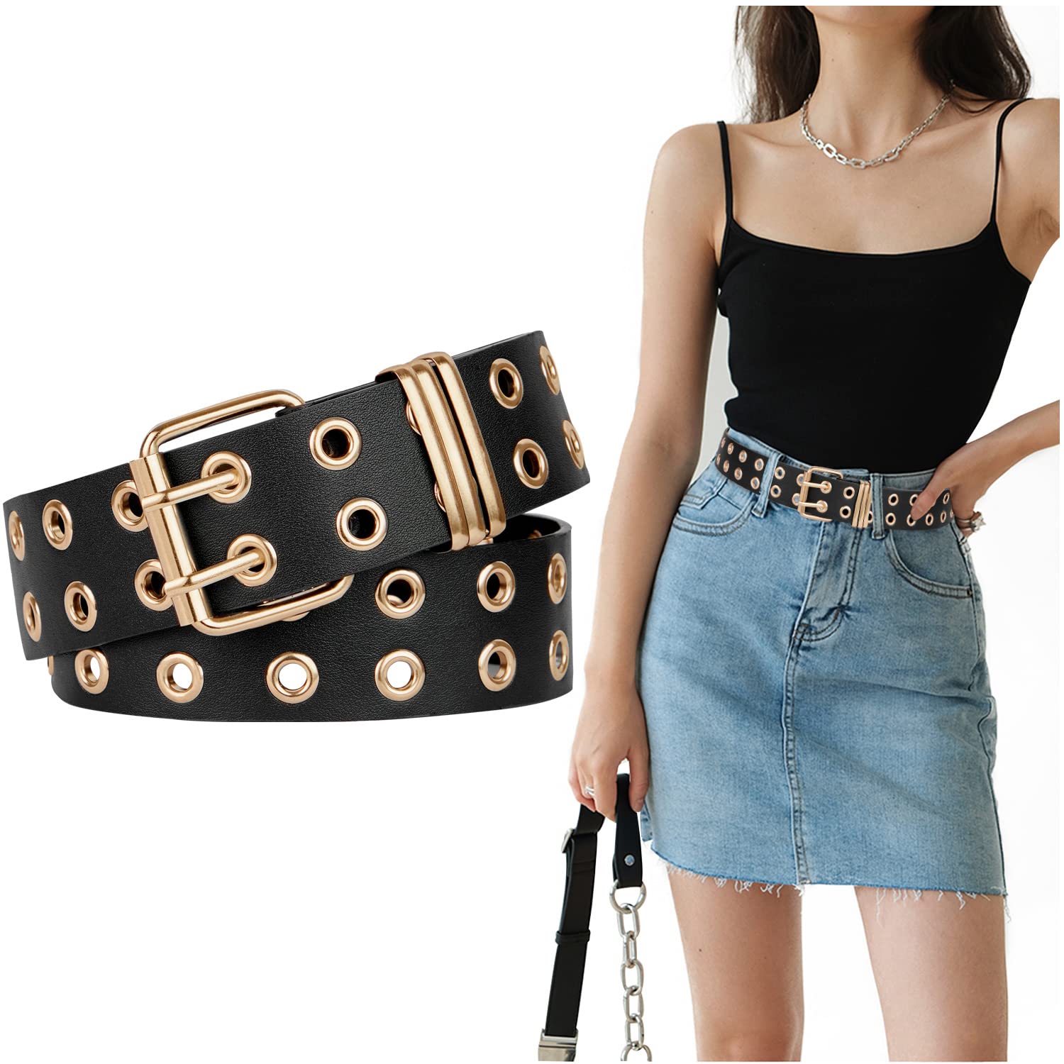 FIORETTO Double Grommet Leather Belt Women Men Punk Rock Waist Belts for Jeans Pants (One Size, Double Grommet(Black-Gold))