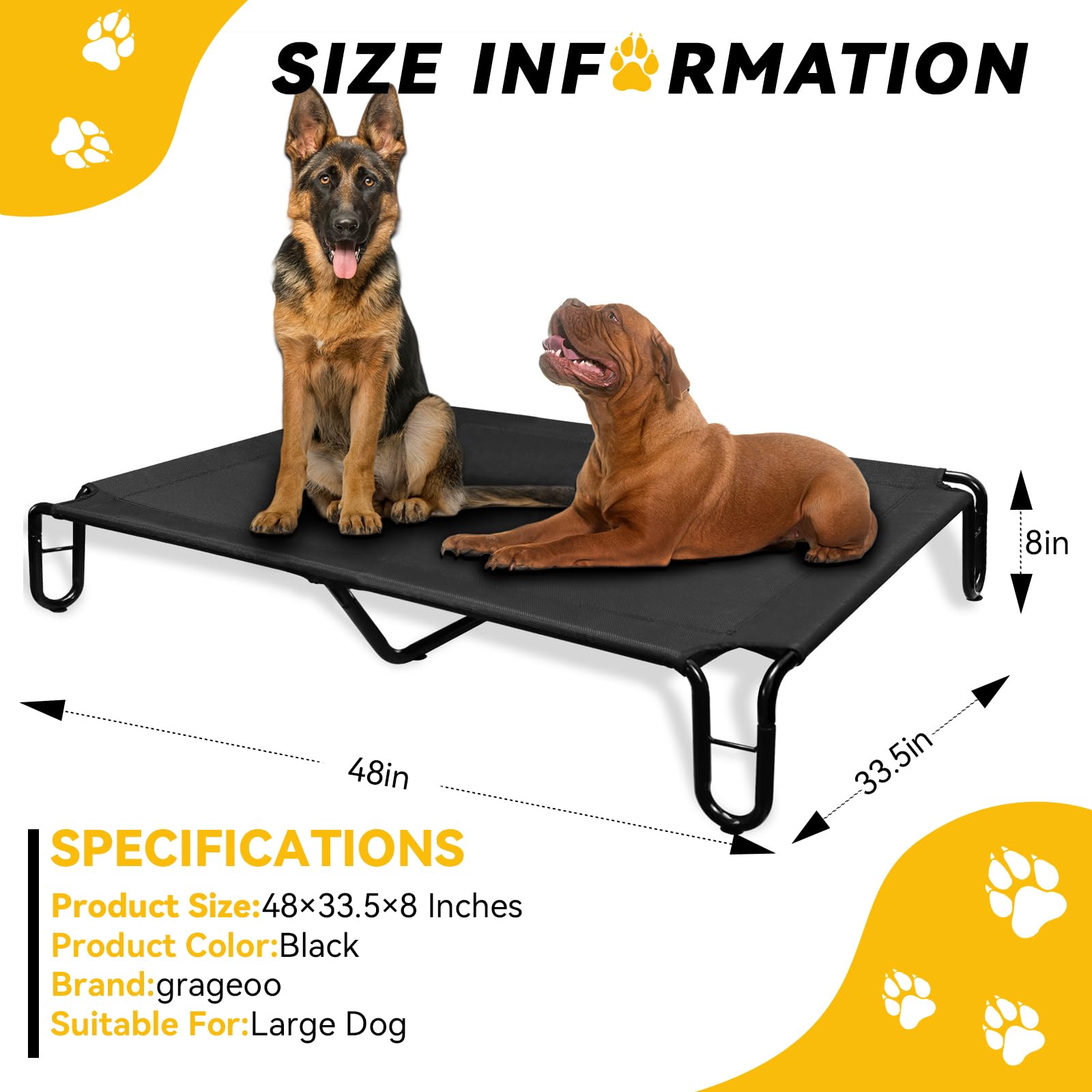 grageoo Outdoor Elevated Dog Bed,Cooling Raised Dog Cot Bed for Large Dogs,Pet Bed Waterproof with Stable Frame,Breathable Recyclable Mesh,Up to 85 lbs,Black