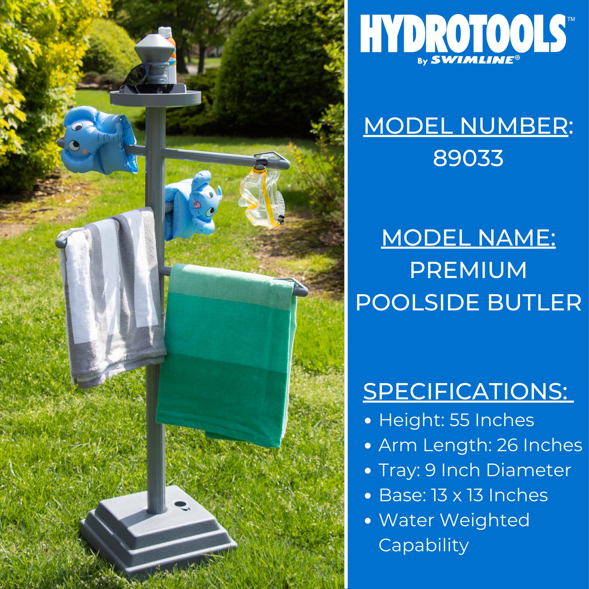 HYDROTOOLS BY SWIMLINE 89033 Premium Free Standing Poolside Valet Towel Rack Adjustable With Water Weighted Base Three Arms Secure Clips For Outdoors & Indoors Pool Patio Poolside Holder Drying Stand