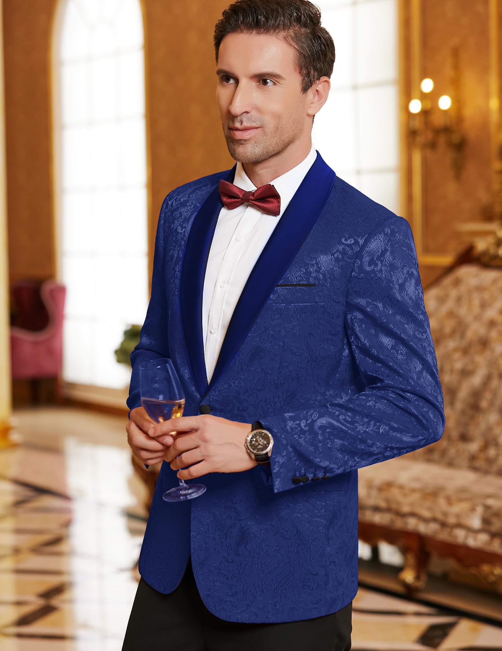COOFANDY Mens Floral Tuxedo Jacket One Button Big and Tall Suit Blazer Jacket for Dinner Party Wedding Prom Navy Blue, XL