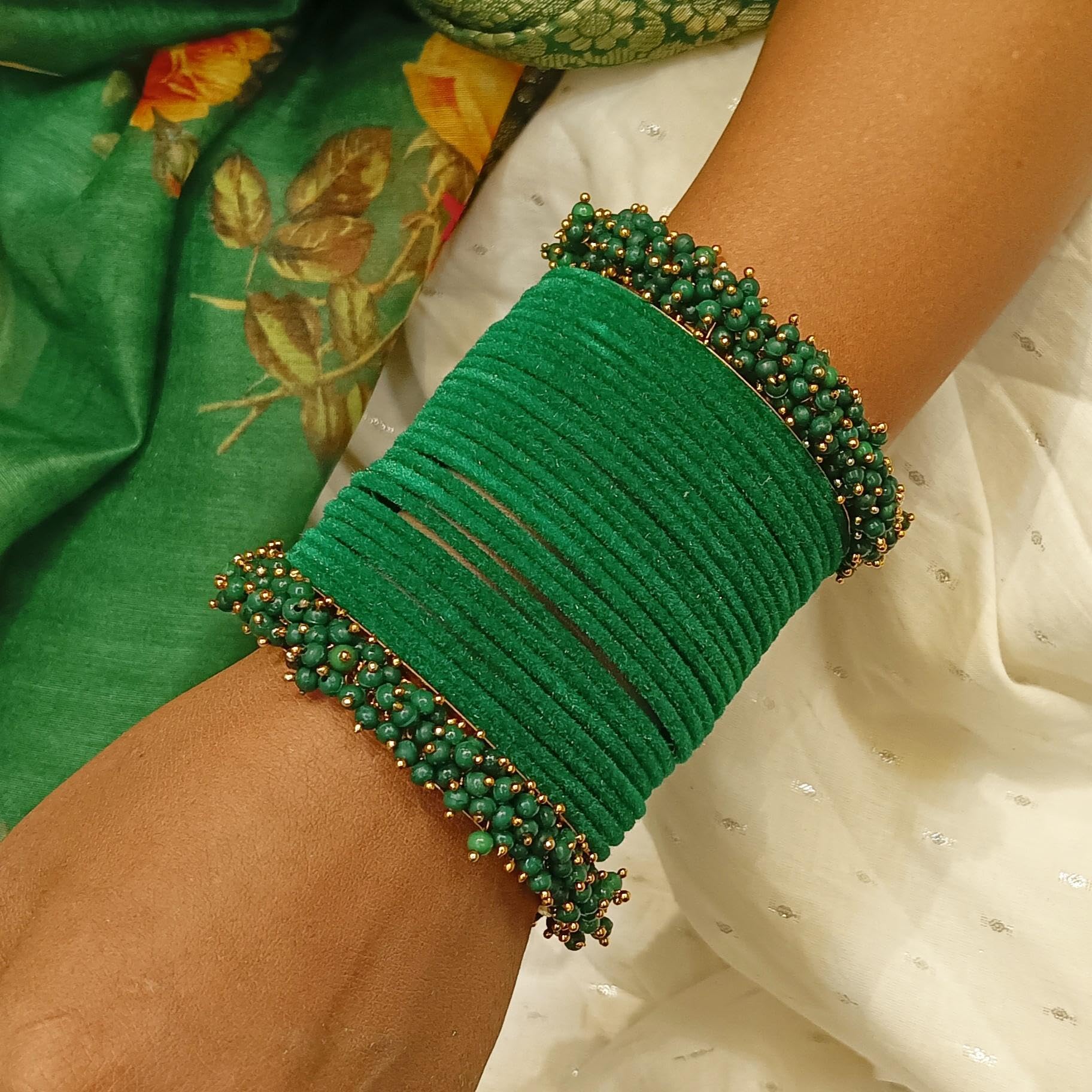 Efulgenz Velvet Bangle Set Indian Bangle Set Faux Pearls Beads Plain Velvet Bracelet Bangle Jewelry for Women