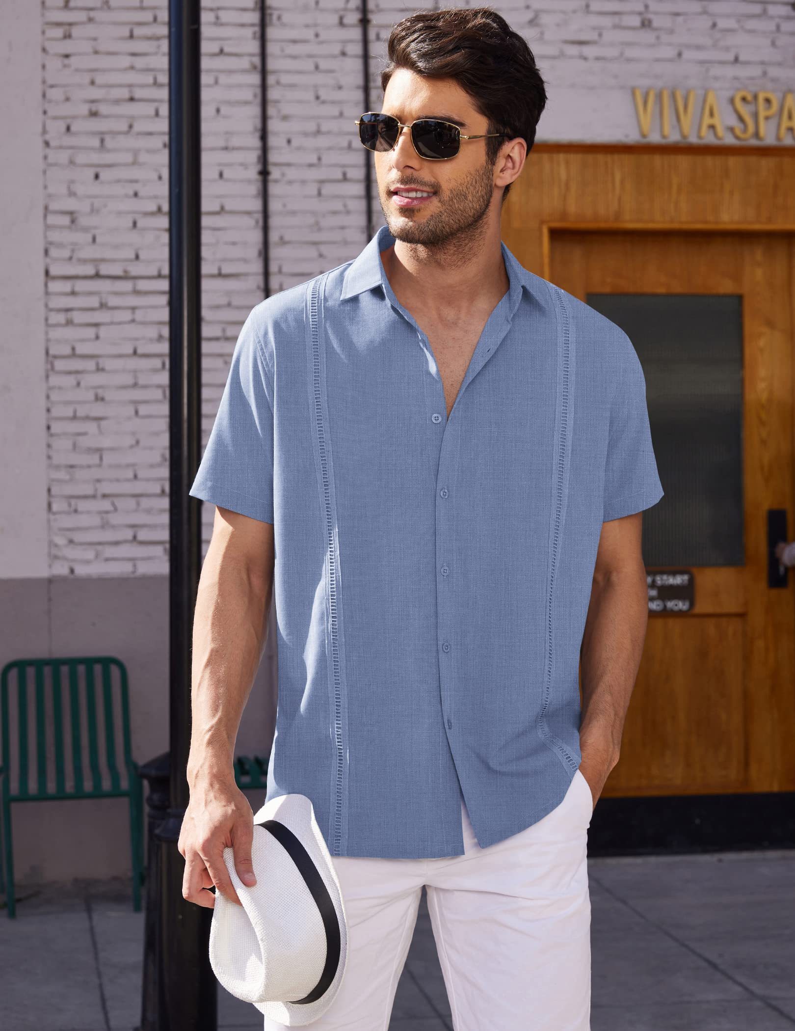COOFANDY Men's Casual Cotton Beach Button Down Dress Shirt Summer Linen T-Shirt~ Grey Blue