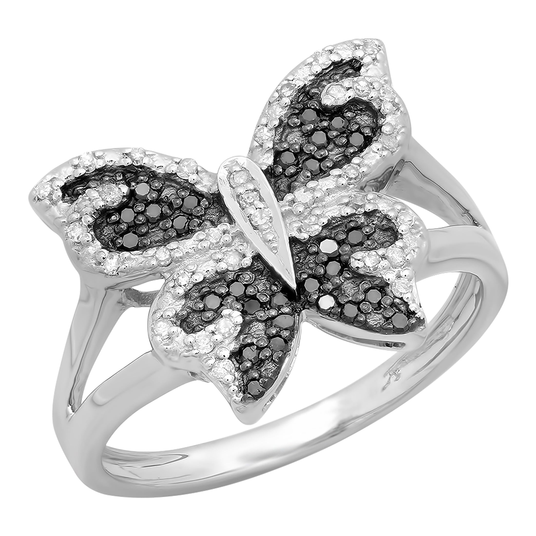 Dazzlingrock Collection 0.24 Carat (Cttw) Sterling Silver Round Black & White Diamond Butterfly Cocktail Ring 1/4 CT, Size 5.5