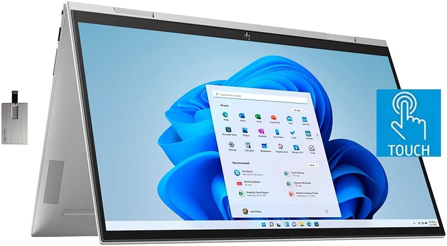 HP 2022 Envy x360 2-in-1 15.6" FHD Touchscreen Laptop, Intel Core i7-1165G7, 32GB RAM, 1TB PCIe SSD, Backlit Keyboard, Iris Xe Graphics, HD Webcam, Win 11, Silver, 32GB Snow Bell USB Card
