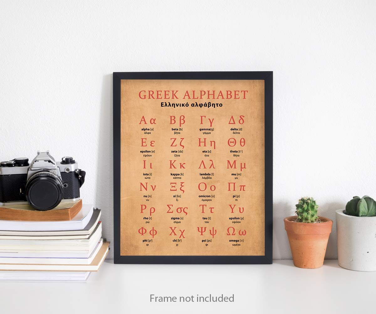 Greek Alphabet Poster - Unframed 8x10 in - School Picture with Motivational Message - Education Kids Room Decor and Positive Signs Wall Art