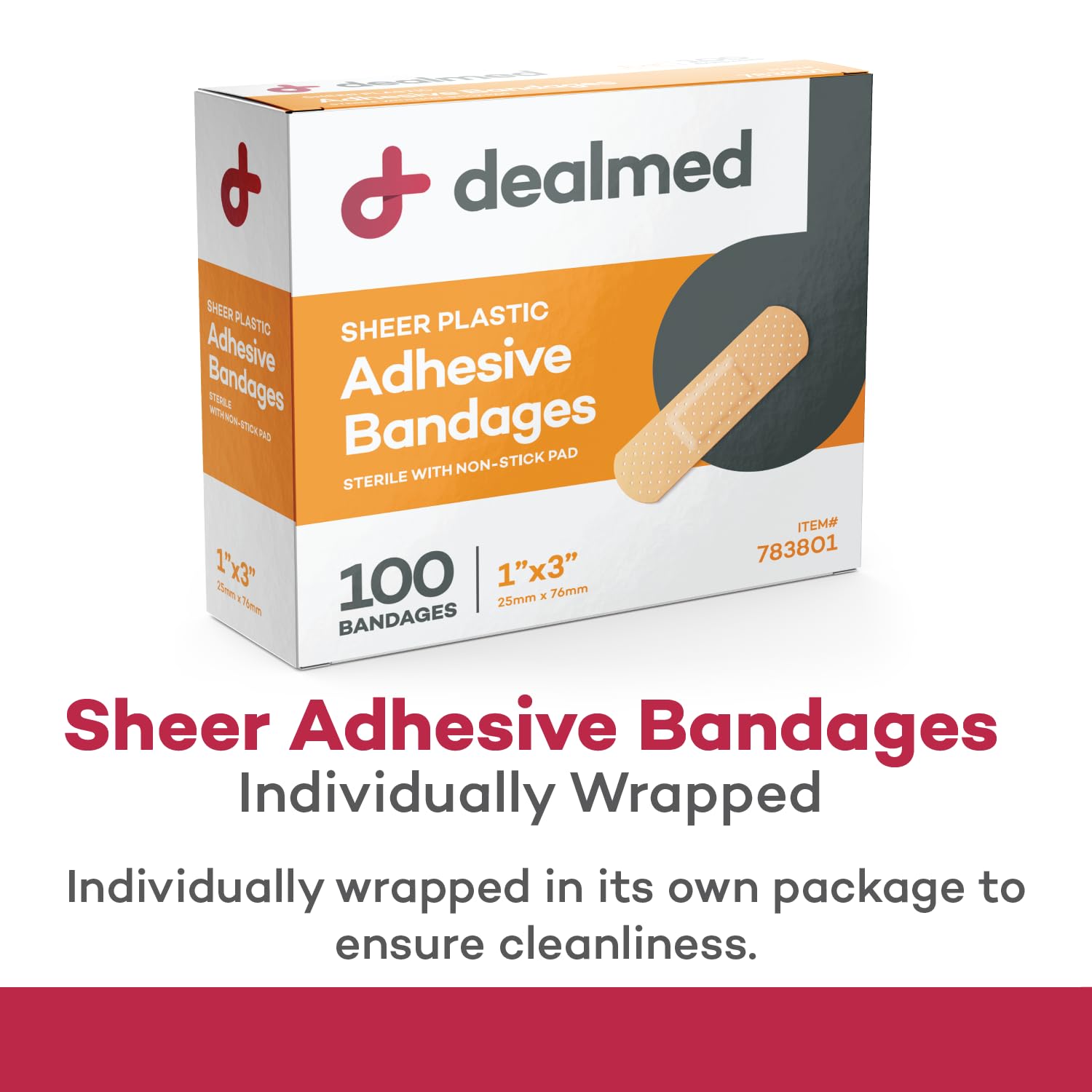 Dealmed Sheer Plastic Flexible Adhesive Bandages – 100 Count (2 Pack) Bandages with Non-Stick Pad, Latex Free, Wound Care for First Aid Kit, 1" x 3"