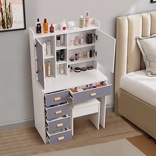 Large Makeup Vanity with Mirror 5 Drawers & Hide Cabinet,Storage Stool,for Girls/Women Bedroom, White