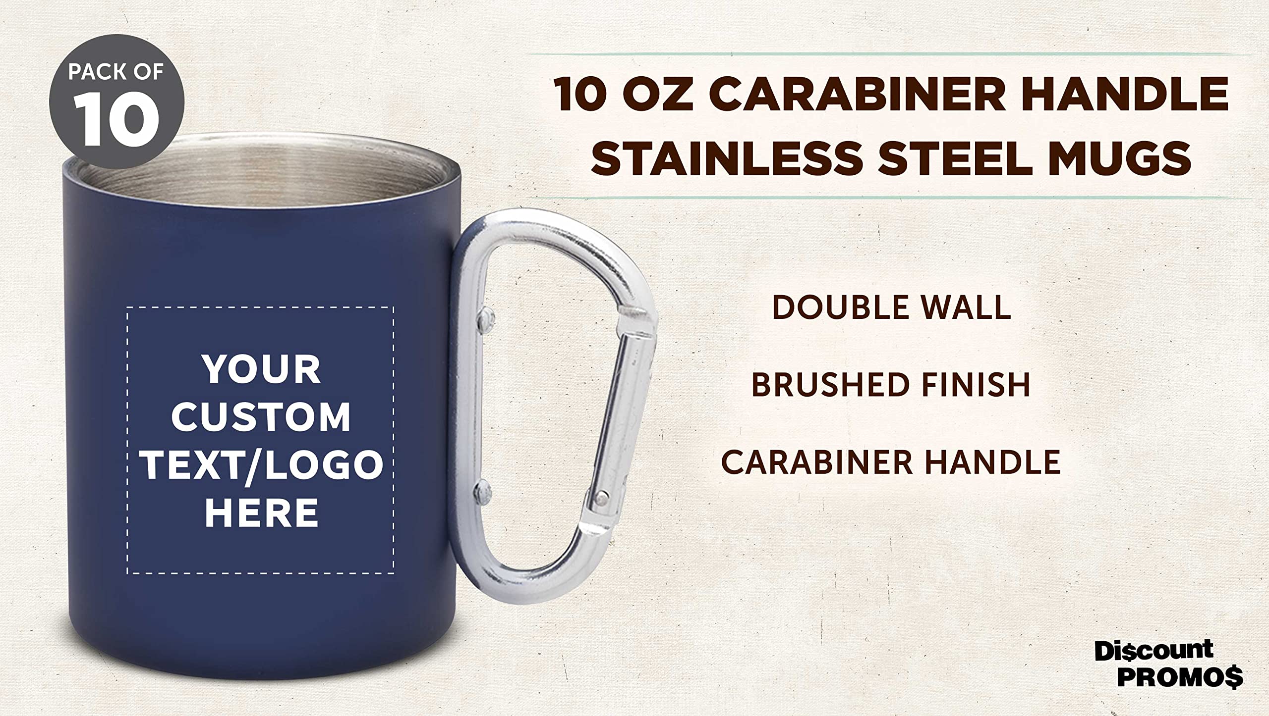 Custom Stainless Steel Mugs with Carabiner Handle 10 oz. Set of 10, Personalized Bulk Pack - Perfect for Coffee, Soda, Other Hot & Cold Beverages - Navy Blue