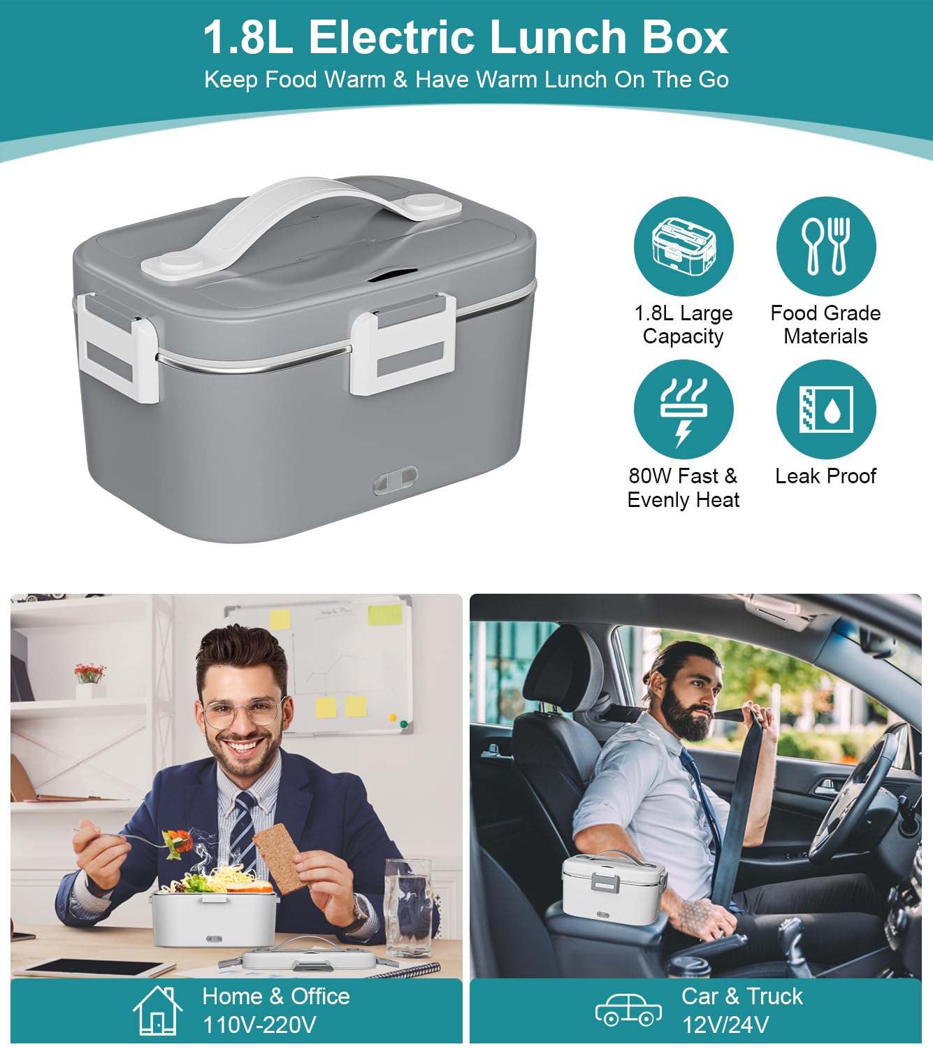 Dicorain Electric Lunch Box, 80w 1.8L Heated Lunch Box for Truck/Car/Office/Home/Work, 12/24/110v 3 In 1 Portable Food Warmer Lunch Box with Removable SS Container, Fork & Spoon (Grey)