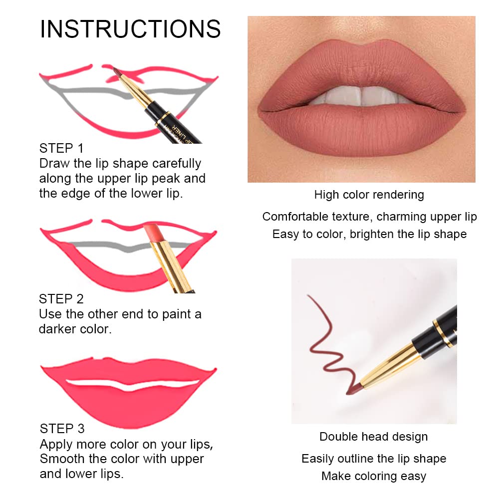 evpct 6Pcs Waterproof Lip Liner and with Lipstick Set Kit Last All Day DNM Chestnut Nude Dark Brown Matte Red 24 Hour long lasting 24 pen labiales mate 24 horas originales