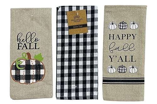 Serafina Home Farmhouse Kitchen Dish Towels: Hello Fall Happy Fall Y'all Pumpkin Theme