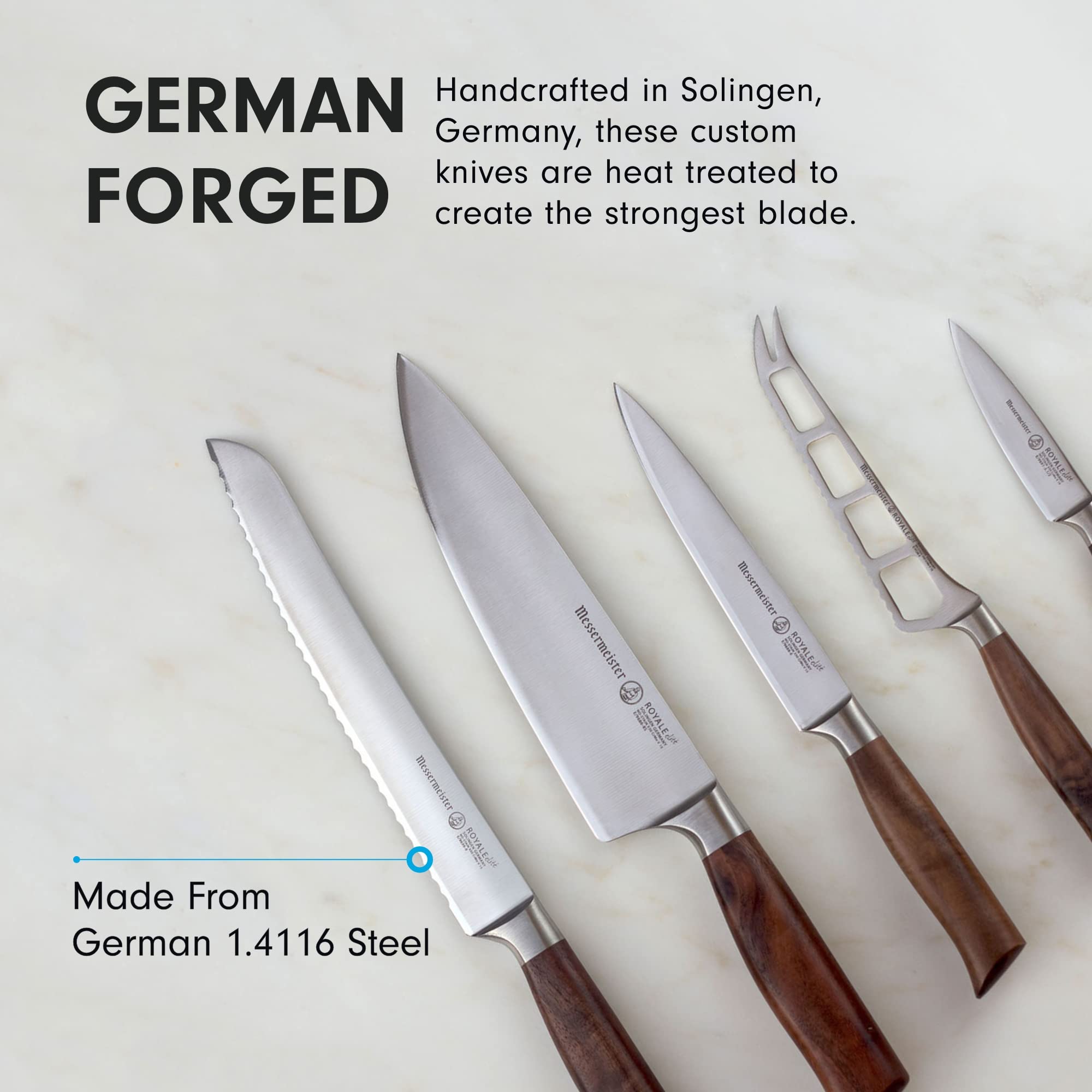 Messermeister Royale Elite 6-Piece Magnet Block Set - Includes 8" Stealth Chef's Knife, 9" Scalloped Bread Knife, 6" Utility Knife, 5β Cheese & Tomato Knife, 3.5" Paring Knife & Knife Block
