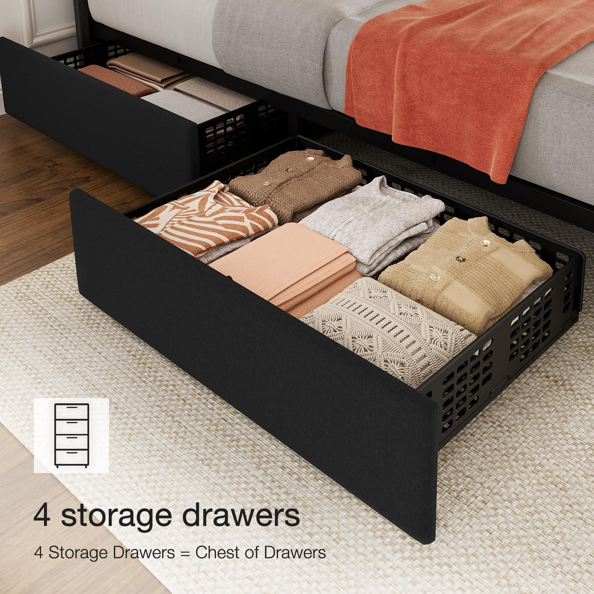 IDEALHOUSE Queen Size Bed Frame with 4 Storage Drawers and Adjustable Headboard, PU Leather Upholstered Platform Bed Frame with Wooden Slats Support, No Box Spring Needed, White