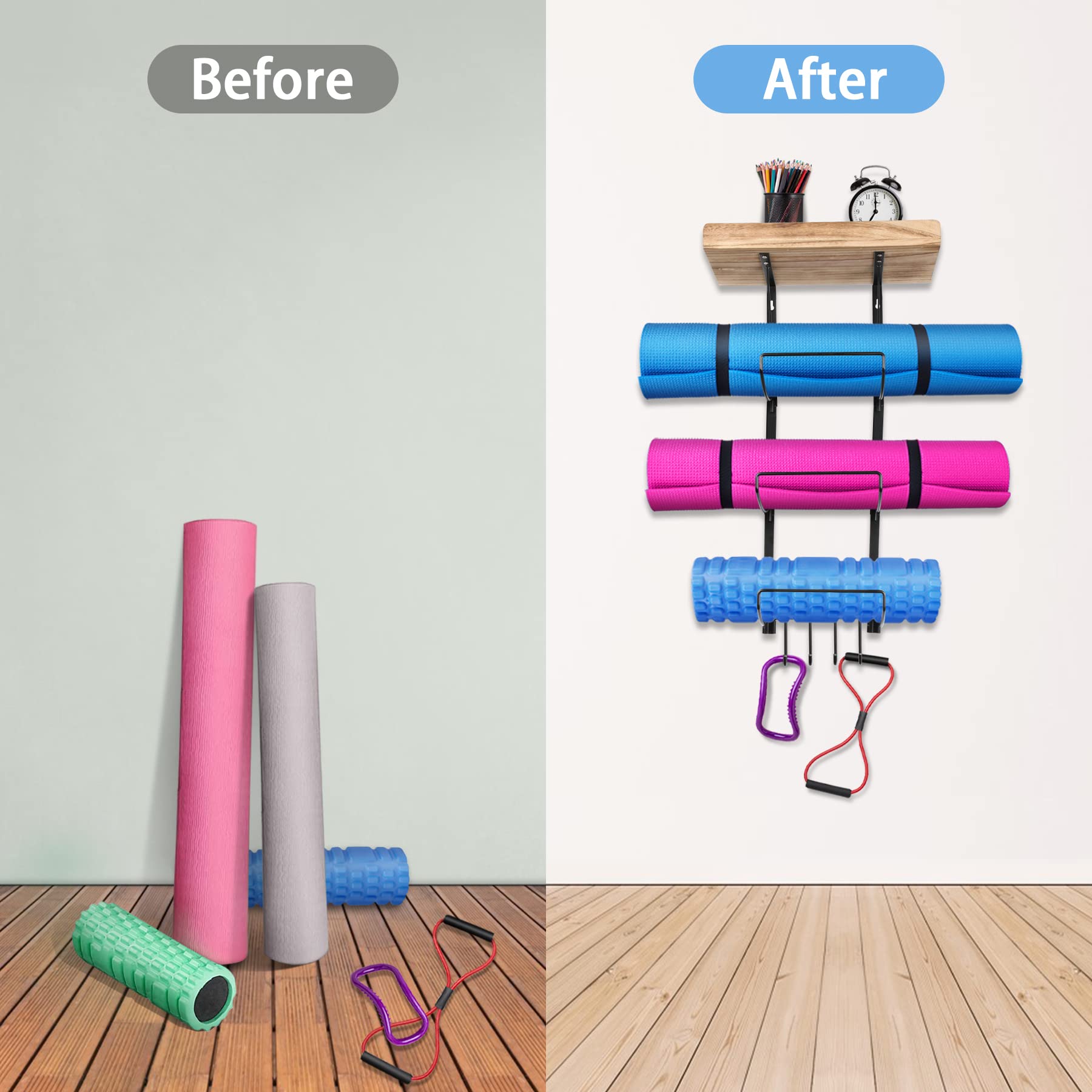 FIRJOY Wall Mount Yoga Mat Holder & Foam Roller Rack with Hooks and Shelf for Yoga Mat, Foam Roller Storage, Home Gym Accessories Organization