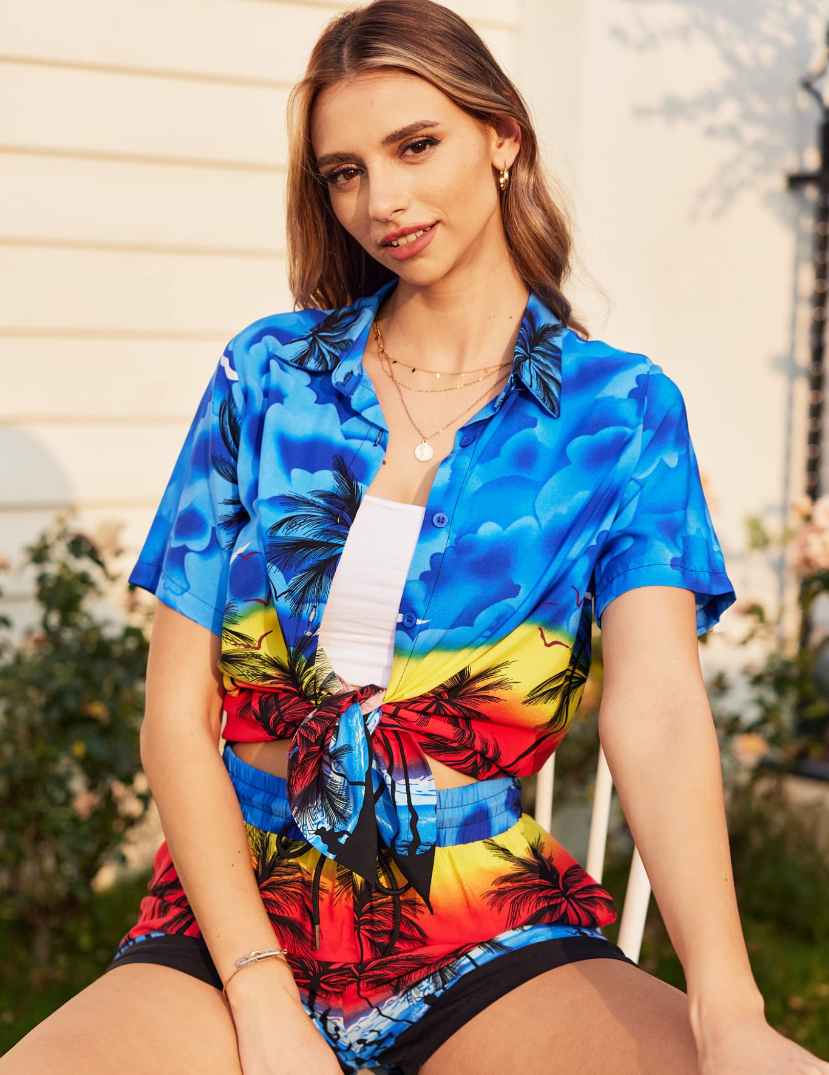 COOFANDY Womens Floral Blouse Set Hawaiian 2 Piece Outfit Button Lounge Beach Tracksuits