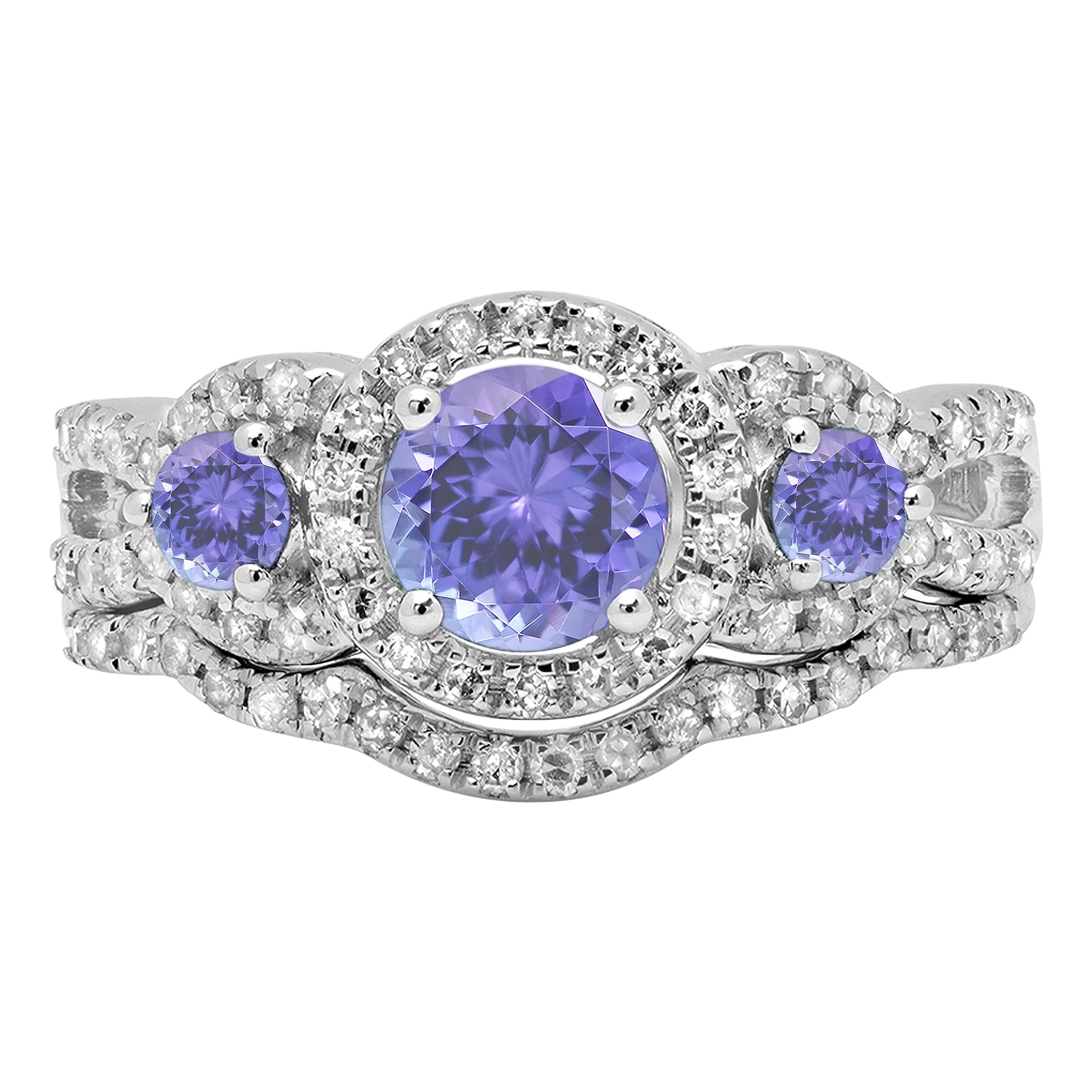Dazzlingrock Collection Round Tanzanite & White Diamond Ladies 3 Stone Halo Wedding Ring Set 14K White Gold, Size 6