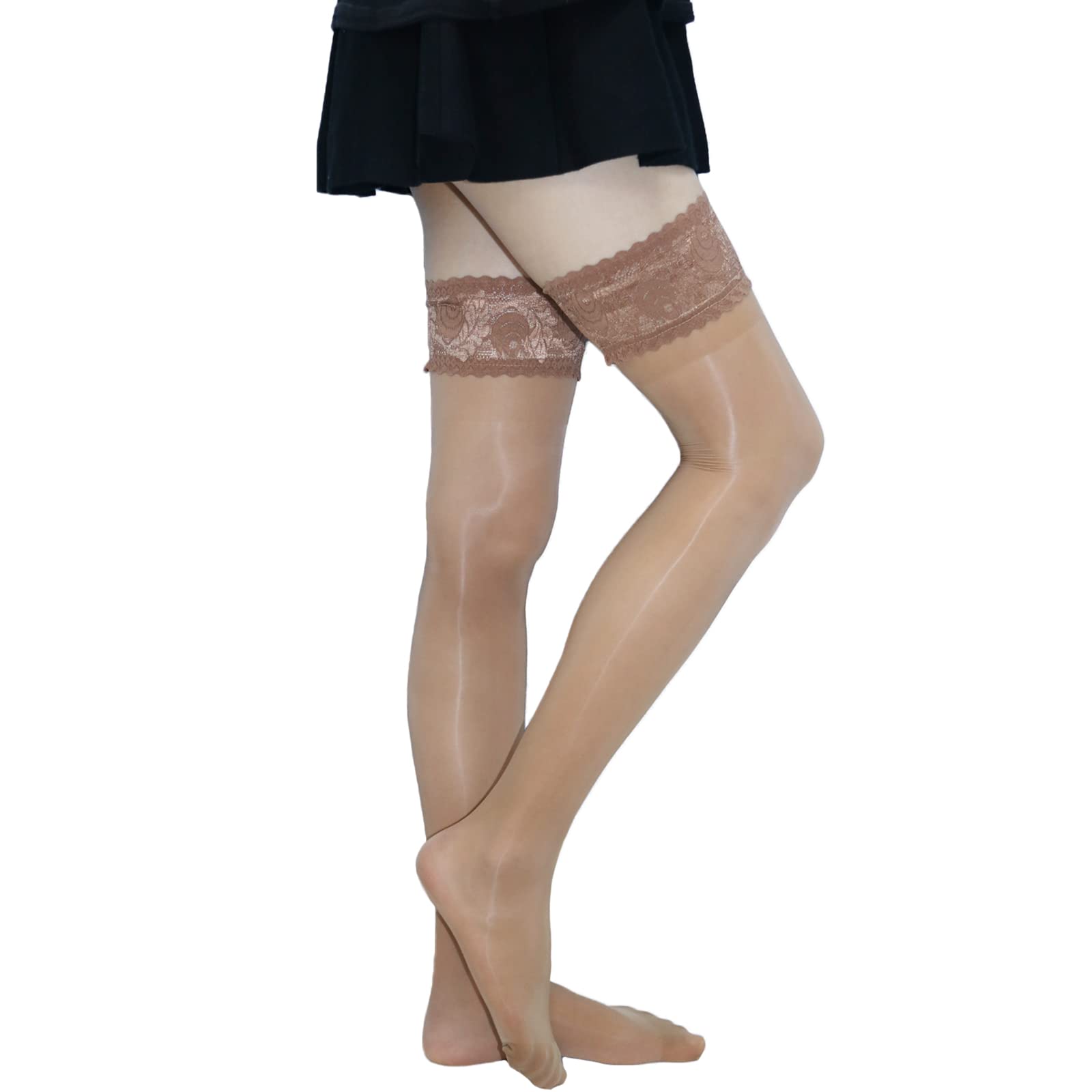 GOCBOBO Women's Oil Shiny Thigh High Stockings Antiskid Silicone Lace Top Stay Up Silky Semi Sheer Hold Ups Stockings 8D Brown