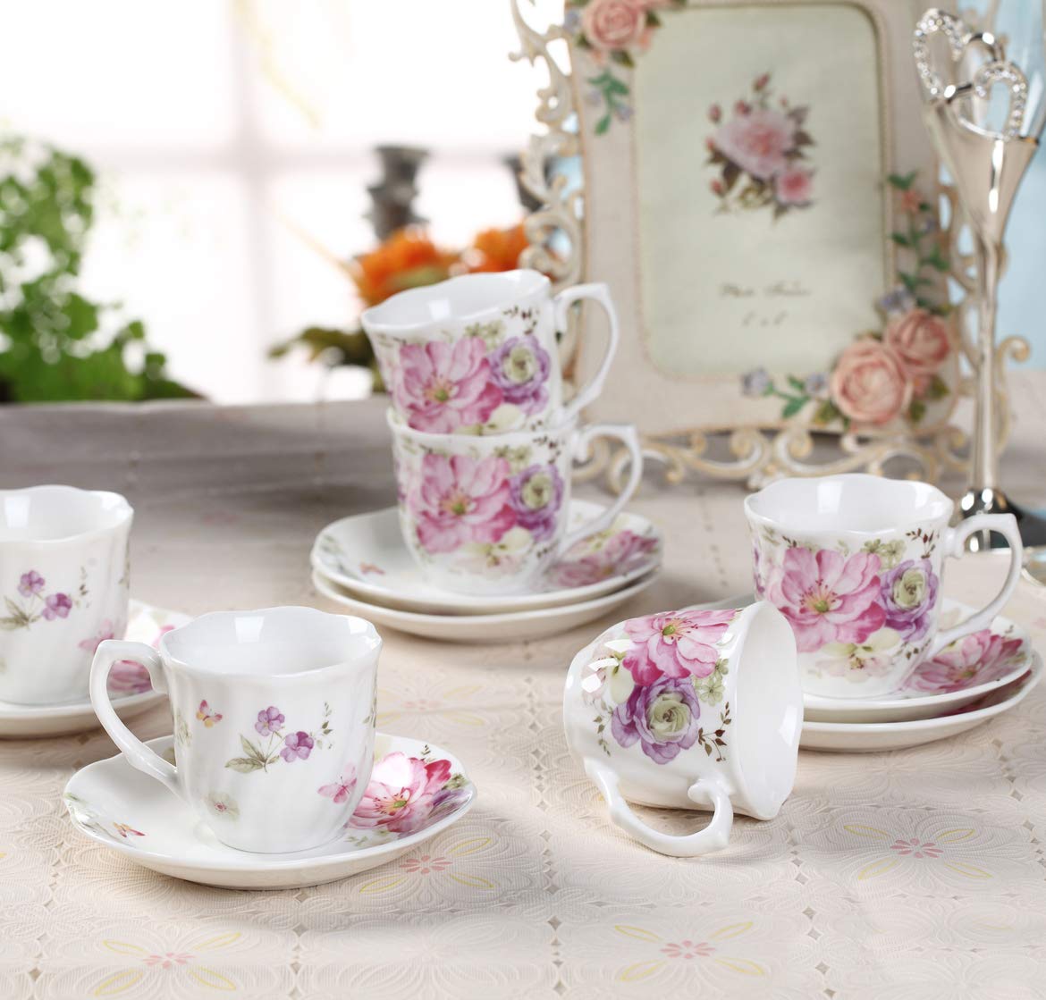 GuangYang 12 Pieces (Tiny Style) Espresso Cups and Saucers,2.5 ounce/80ml,Set of 6,Mini Premium Porcelain Coffee Cup Set, Fancy Flower Pattern Design