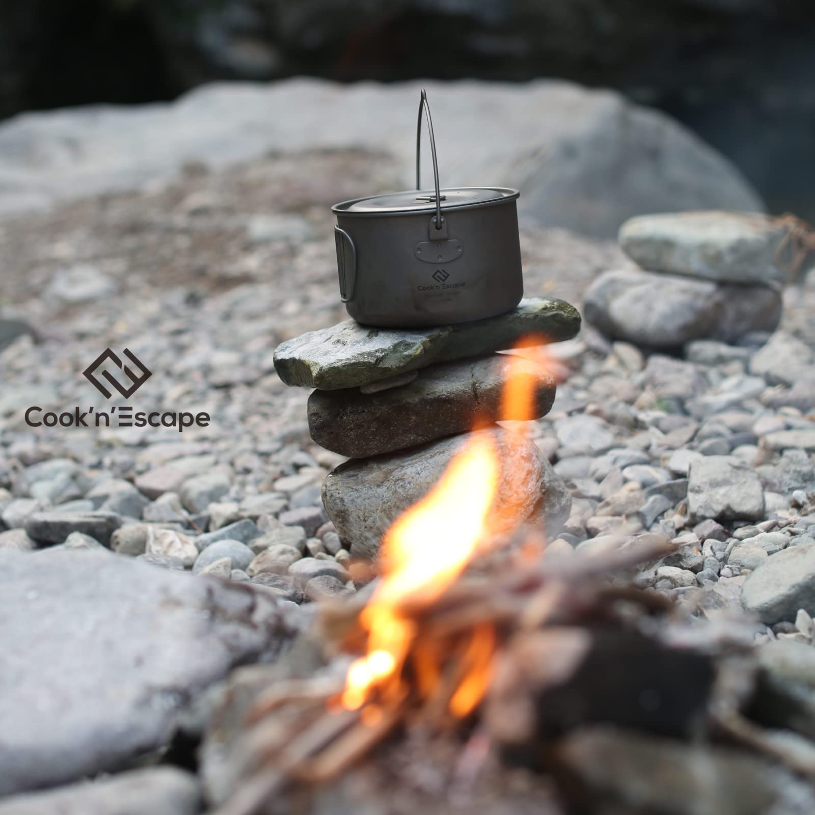 COOK'N'ESCAPE 1950ml Titanium Hanging Pot Camping Cooking Pot, 2 in 1 Ultralight Cookware Pot and Pan Set with Folding Handle for Outdoor Cookset Open Over Fire Hiking Backpacking