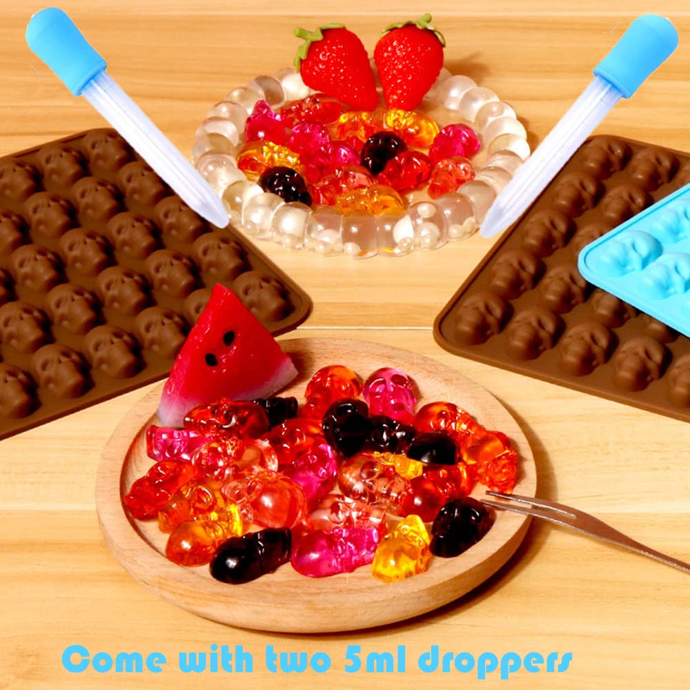 Gummy Skull Candy Molds,3-Pack 40 Cavity Silicone Skull Molds with 2 Droppers for Gummy,Candy,Jelly,Chocolate,Wax Melt,Dog Treats,Ice Cube