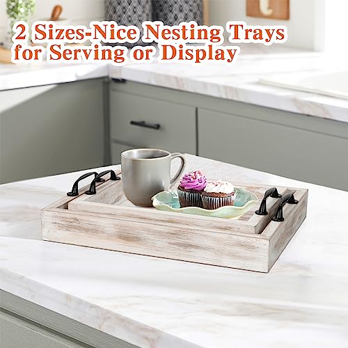 Set of 2 Rustic Farmhouse Wooden Serving Tray with Handles, Nesting White Decorative Trays for Coffee Table Ottoman Kitchen Bed Dining Table Centerpiece Rectangular Tray for Food Fruits Coffee Candles