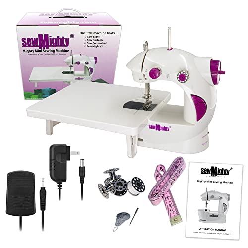 Sew Mighty Mini Sewing Machine for Kids, Beginners, Travel & More – Light, Portable, Battery Powered – Ideal for Traveling, Quick Repairs, Small Projects & Children – Dual-Speed, AC & DC Operation, Foot Pedal Controller & More