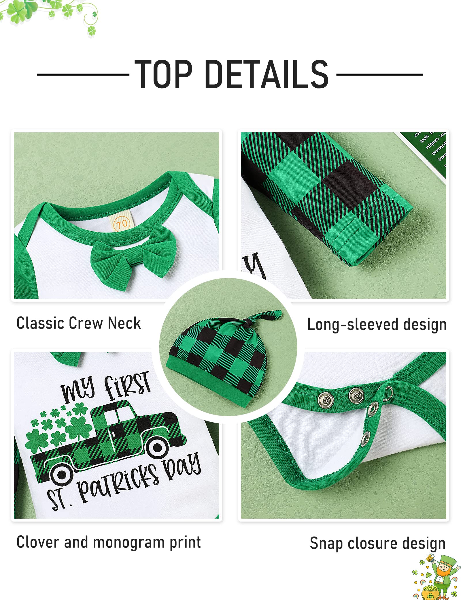 Esobrerie My First St. Patrick’s Day Outfits Newborn Baby Boy Shamrocks Bow Tie Romper Plaid Pants with Hat St.Patrick's Day Clothes