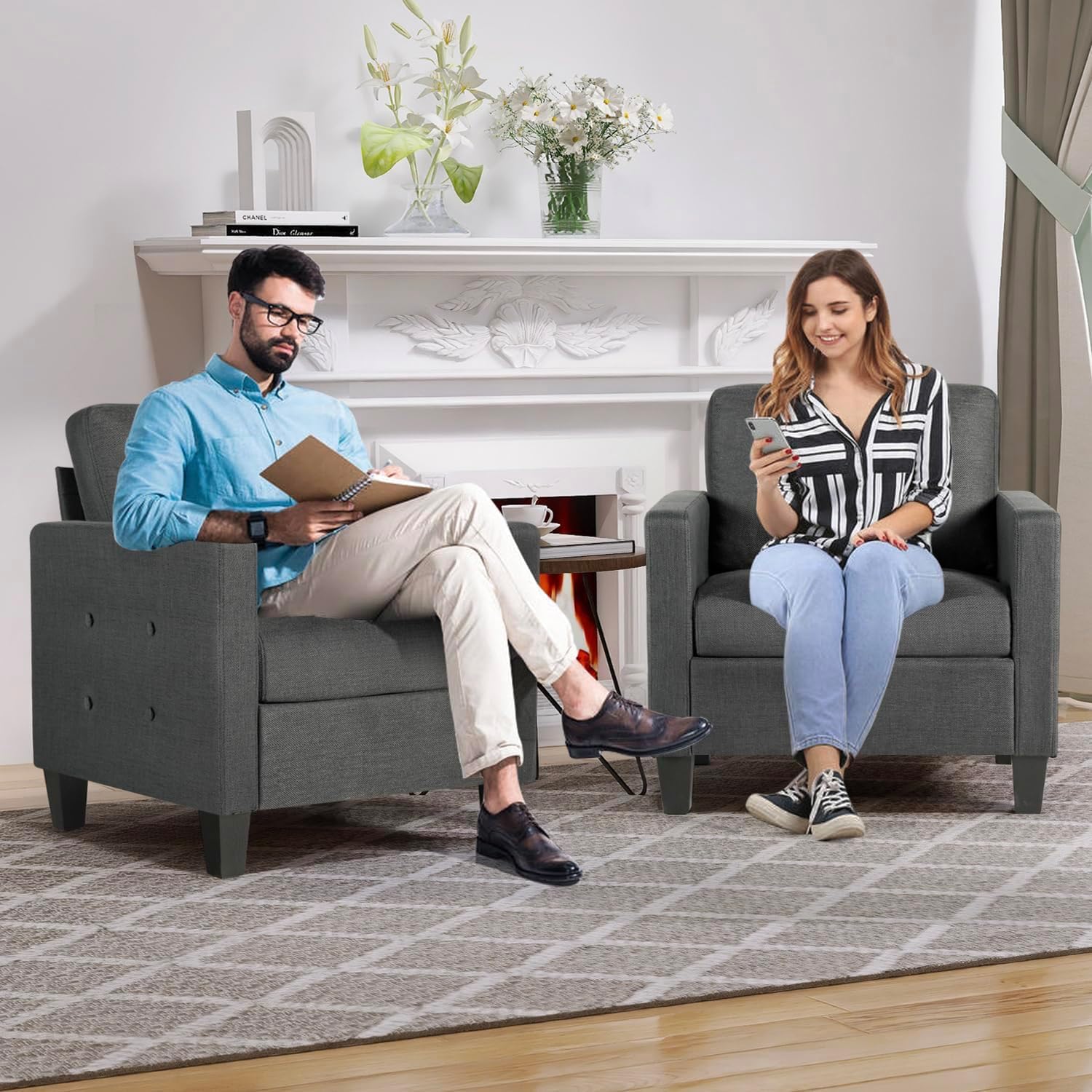 GRAVFORCE Mid Century Accent Chair, Fabric Armchair for Living Room, Upholstered Reading Chair, Modern Button Tufted Single Sofa with Lounge Seat for Bedroom, Office (Dark Grey)