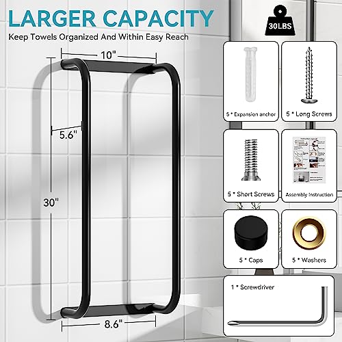 Towel Racks for Bathroom, 30 Inch Stainless Steel Wall Mounted Towel Rack, Bath Towel Holder Wall Towel Rack for Rolled Towels, Modern Bathroom Organizer for Small Space Bathroom Towel Storage - Black
