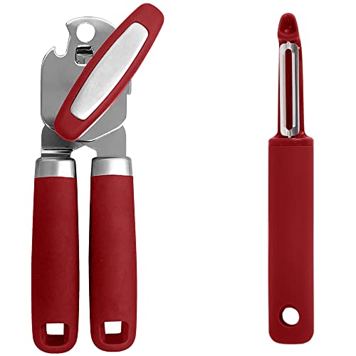 Gorilla Grip Hand Held Can Opener and Vegetable Peeler, Large Lid Openers Rust Proof, Kitchen Food Peelers Safe Blade Guard, Both in Red, 2 Item Bundle