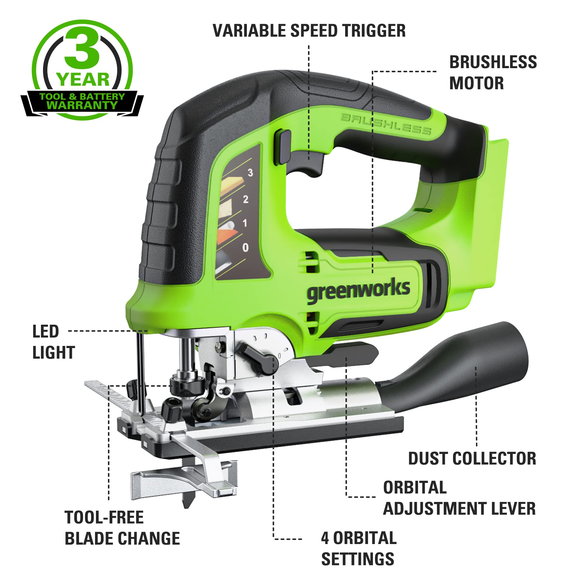 Greenworks 24V Brushless Jig Saw,1*2AH Battery+2A adaptor, 6PCS Blades (4 x Saw blade for woodworking. 2 x Saw blade for metal)