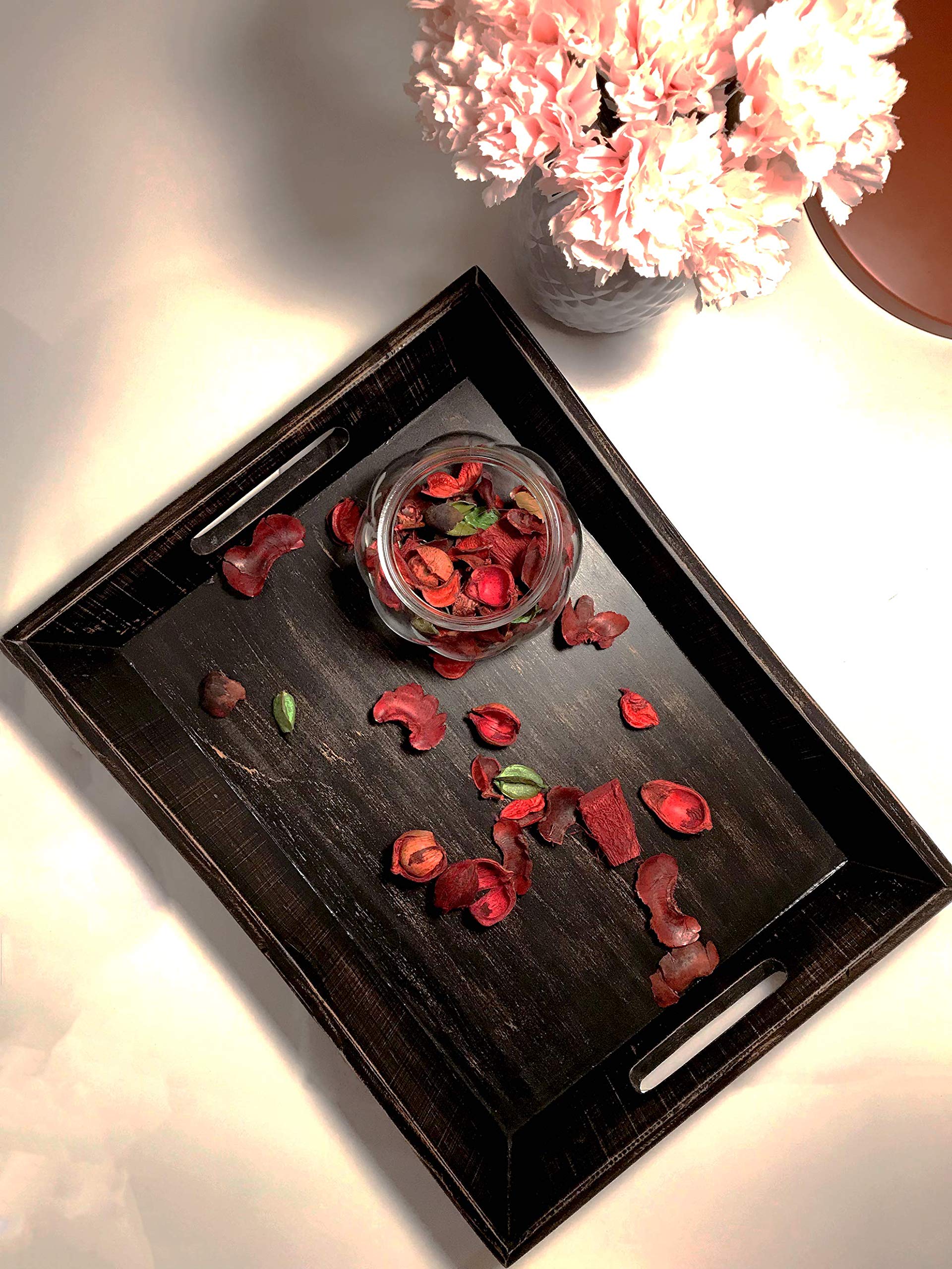 EZDC Wooden Tray, Coffee Table Tray, Ottoman Tray Dark Brown 16 x 12” Modern Aesthetic Decorative Serving Tray with Handles for Drinks and Food