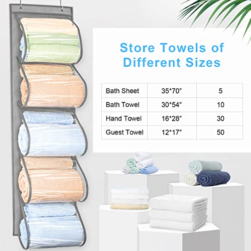 Towel Storage with 5 Pockets, Bath Towel Organizer for Rolled Towels Large Capacity Over The Door Towel Rack Bathroom Towel Holder Space Saving for Large Towels/Bathrobe/Thin Blanket, RV-Grey