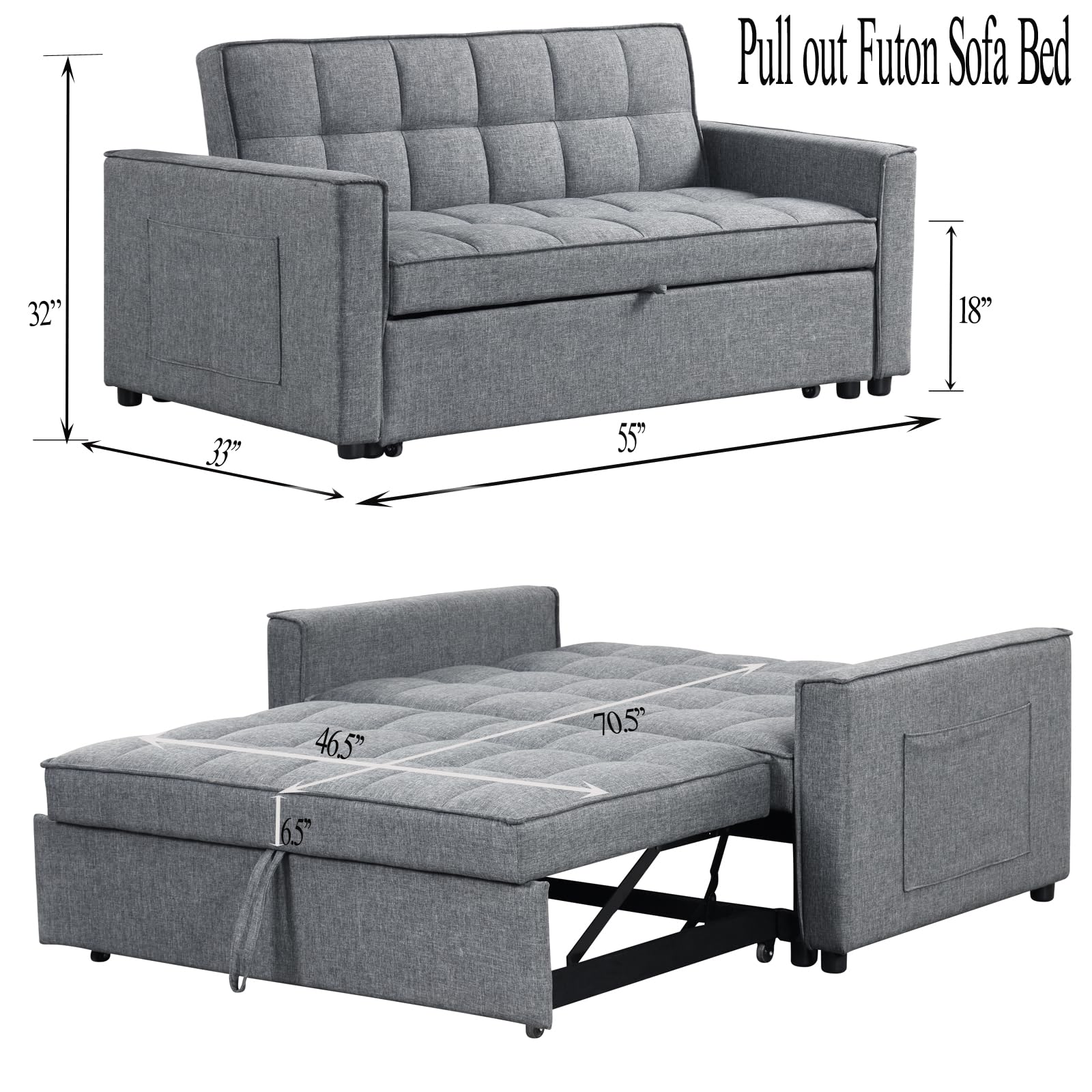 KAIRUITUCH Convertible Sleeper Sofa, 3-in-1 Pull Out Couch with Adjustable backrest, Storage Pockets, Fold Out Loveseat Futon Sofa Couches Bed for Living Room, Small Space, Apartment, Grey Fabric