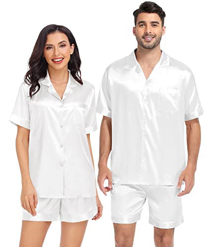 SWOMOG Couple Matching Pajamas Set Satin Short Sleeve Sleepwear Silky Pj Set for Women Button-Down Two-Pieces Nightwear