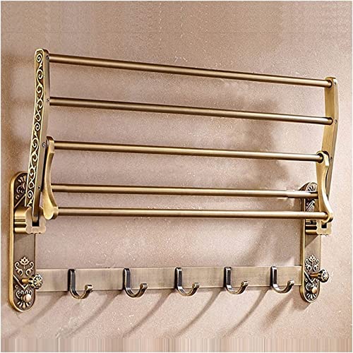 Mostwhip Bathroom Rack Towel Rail Rack Aluminum Foldable Antique Brass Bath Towel Rack, Bathroom Towel Holder, Double Towel Shelf with Hooks Bathroom Accessories for Kitchen Bathroom Decor, 50cm