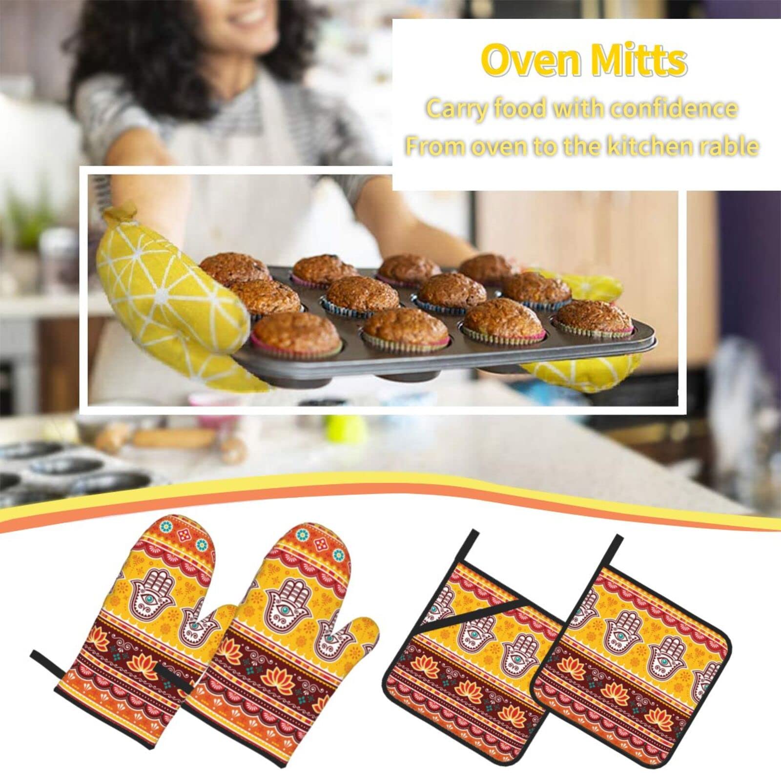 EZDNAGP 4pcs Oven Mitts and Pot Holders Sets Oven Kitchen Gloves Hot Pads for Cooking BBQ Baking Grilling - Pakistani Indian Evil Eye Hamsa Hand