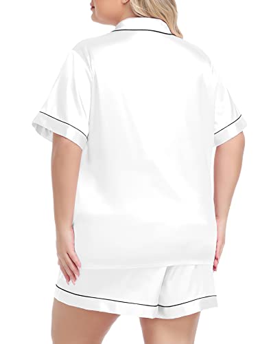 SWOMOG Women's Plus Size Pajama Set Silk Satin Pajamas Short Sleeve 2 piece Sleepwear Button Down Bride Loungewear Set White