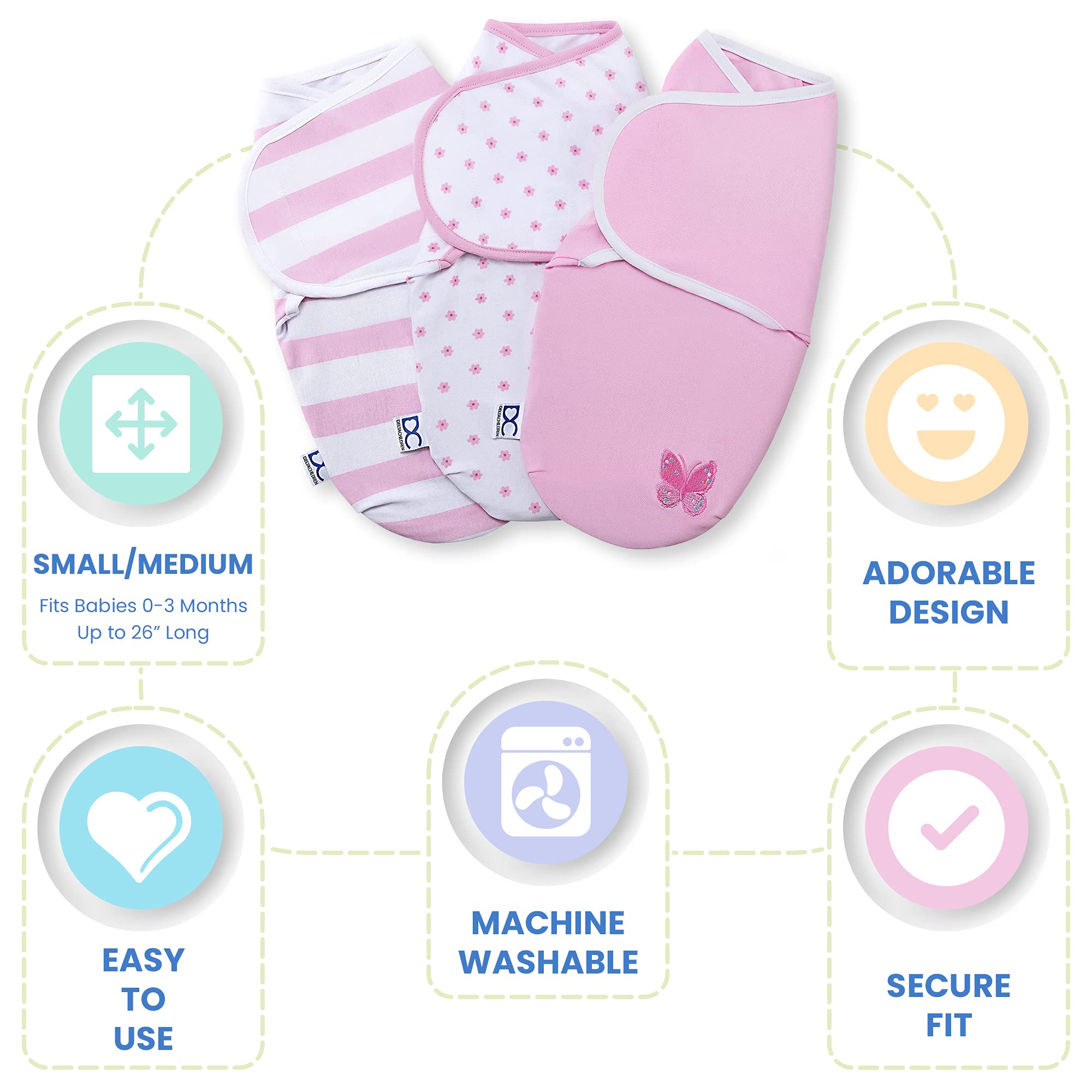 Delta Children Little Lambs Adjustable Swaddle Wrap - Premium Cotton - Size Small/Medium, Fits Babies 0-3 Months/7-14 lbs., 4-Pack, Pink