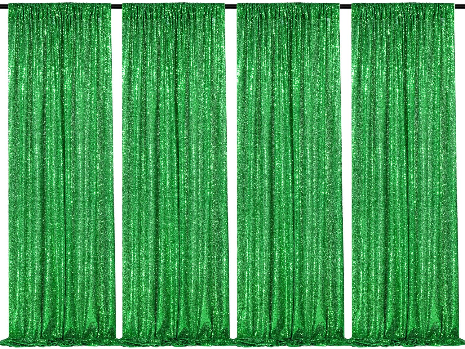 Green Sequin Backdrop 4 Panels 2FTx8FT Wedding Photo Backdrop Glitter Birthday Party Decorations Sparkle Background Drapes