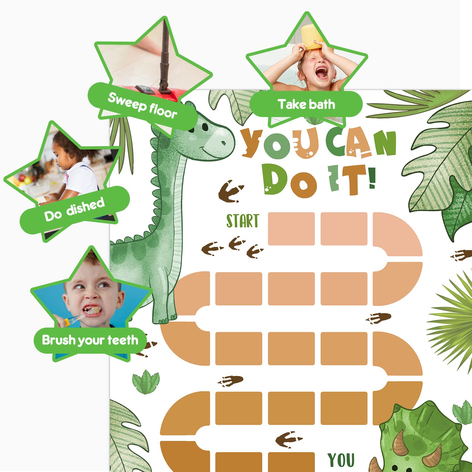 Dinosaur Magnetic Dry Erase Chore Chart for Kids, Good Behavior Chart for Kids at Home - Organizational Reward Planner - 8 x 10 inch Magnetic Reward Behavior Star Chore Chart